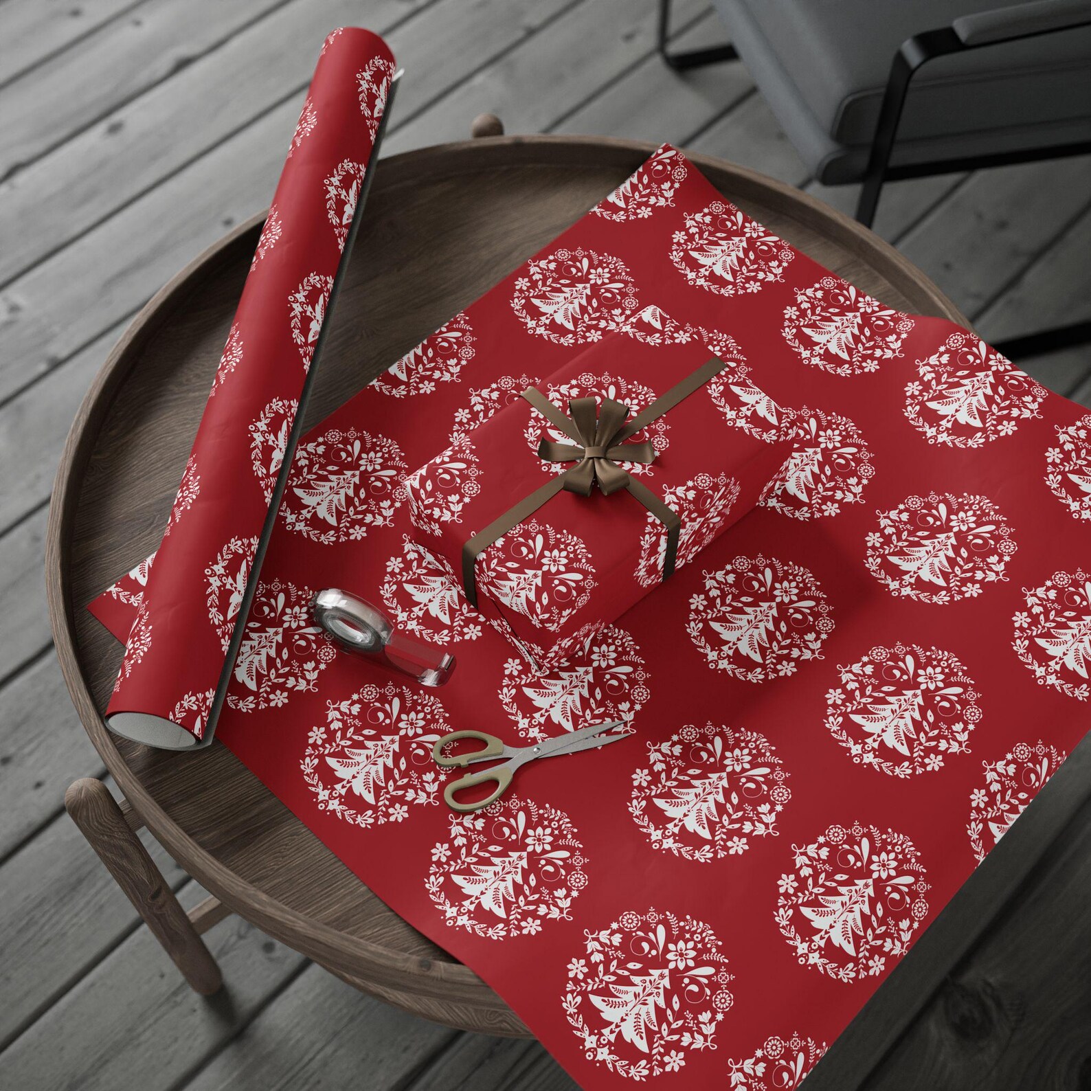 Christmas Wrapping Paper, Scandinavian Folk Art Tree Design, Holiday ...