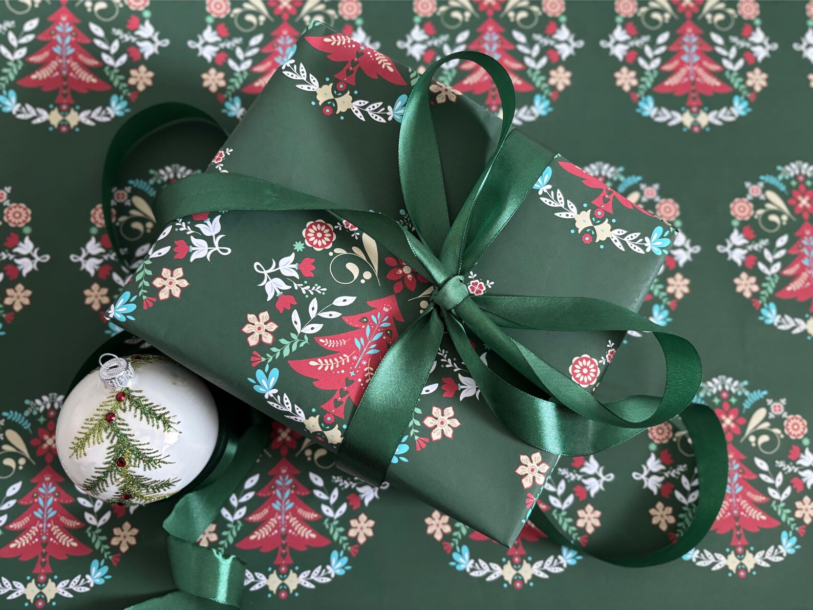 Christmas Wrapping Paper, Scandinavian Folk Art Tree Design, Holiday ...