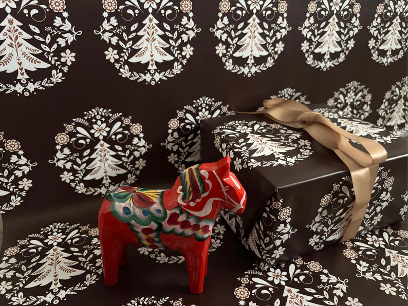 Chocolate Brown Christmas Wrapping Paper, Cocoa Scandinavian Folk Art ...