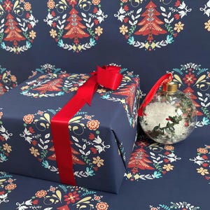 Scandinavian Christmas Wrapping Paper: Navy Blue Swedish Norwegian Folk ...