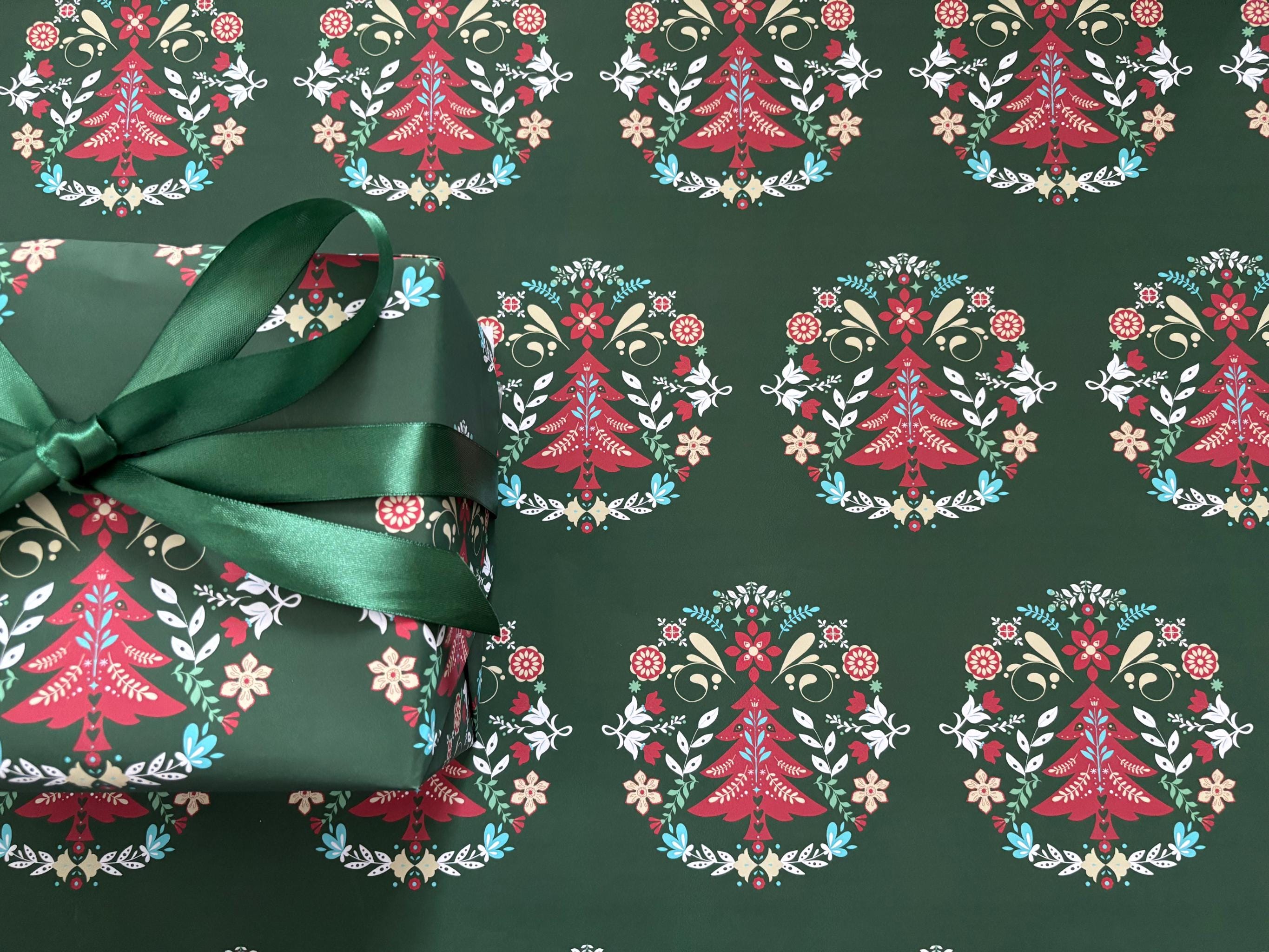 Christmas Wrapping Paper, Scandinavian Folk Art Tree Design, Holiday ...