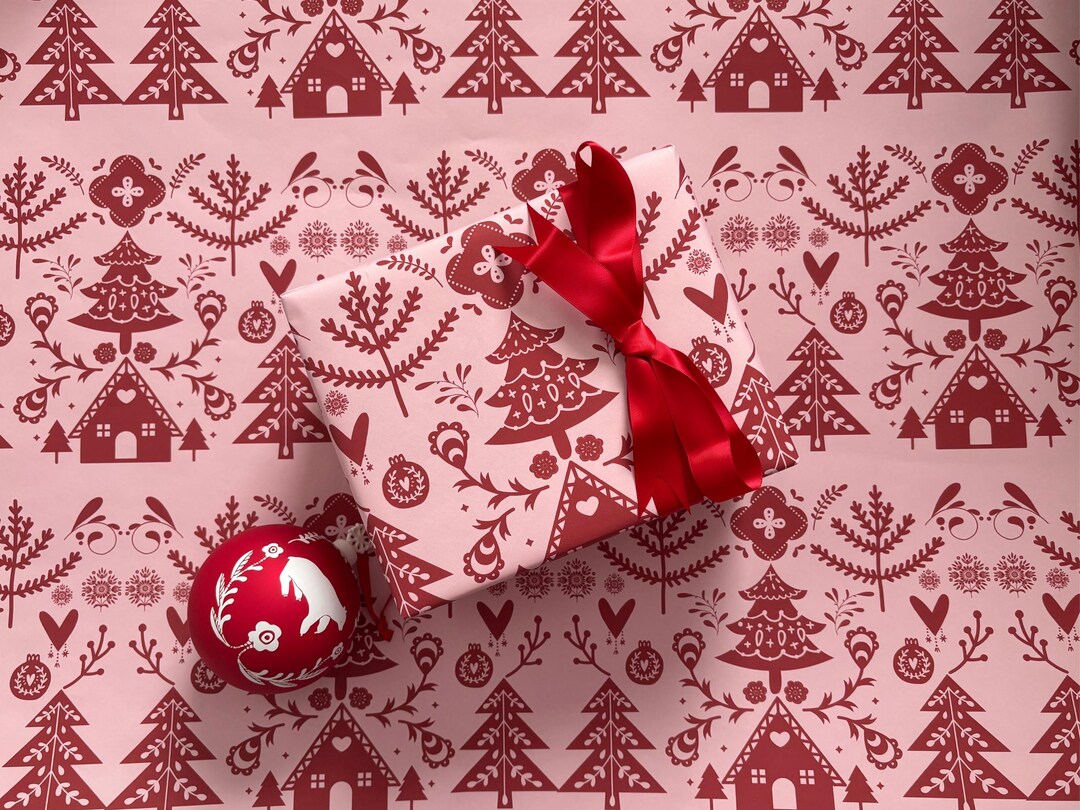 Christmas Wrapping Paper, Scandinavian Folk Art Tree Design, Holiday ...