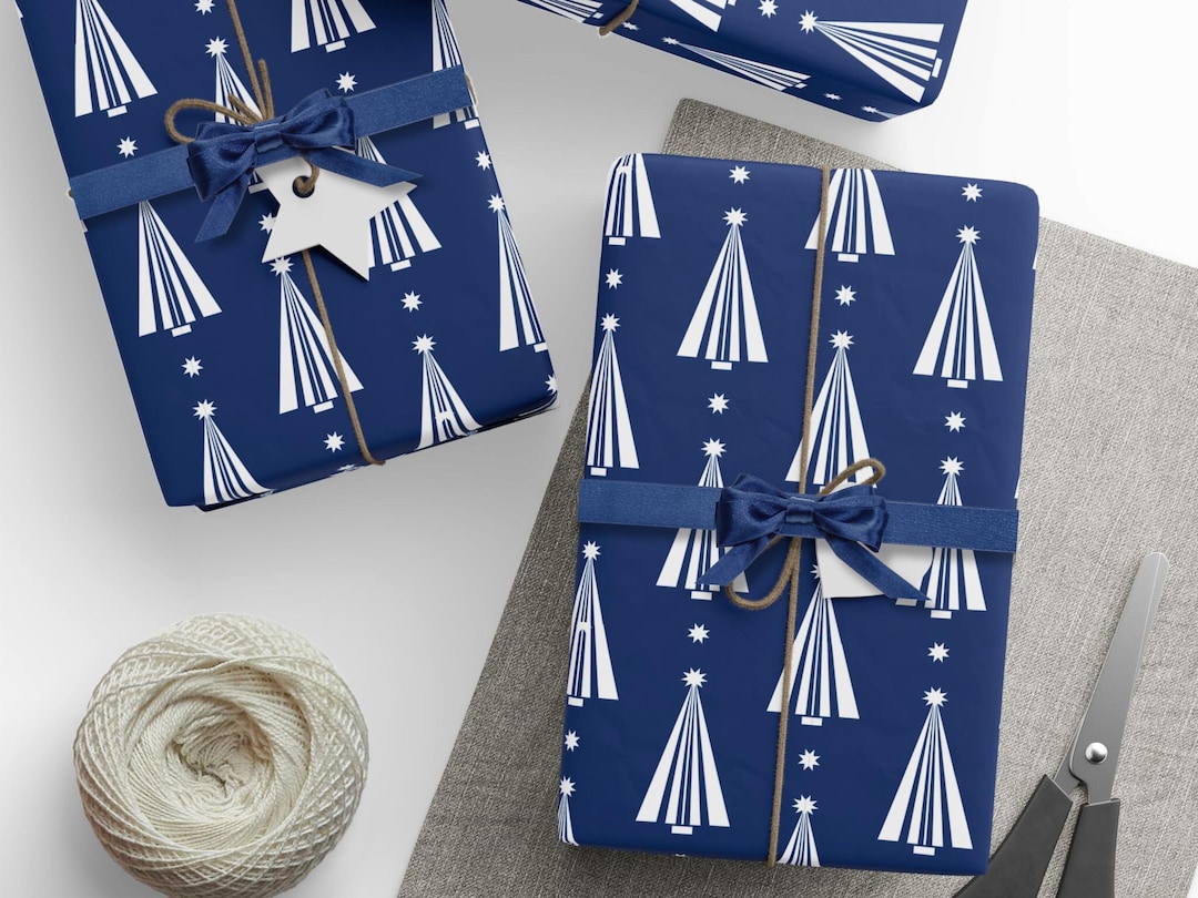 Blue Christmas Wrapping Paper, White Christmas Tree Chic Glam Design ...
