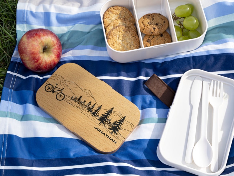 Mountain Bike Bento Box – Personalized Wooden Lid Lunch Box, Custom ...