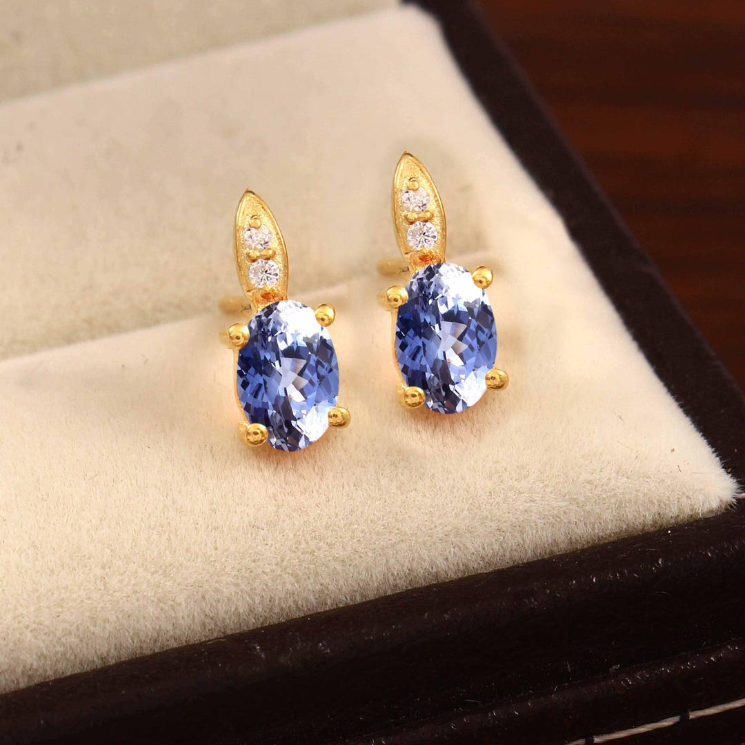 Flawless Quality Kashmir Blue Sapphire Earrings, 10K Gold Plated Over ...