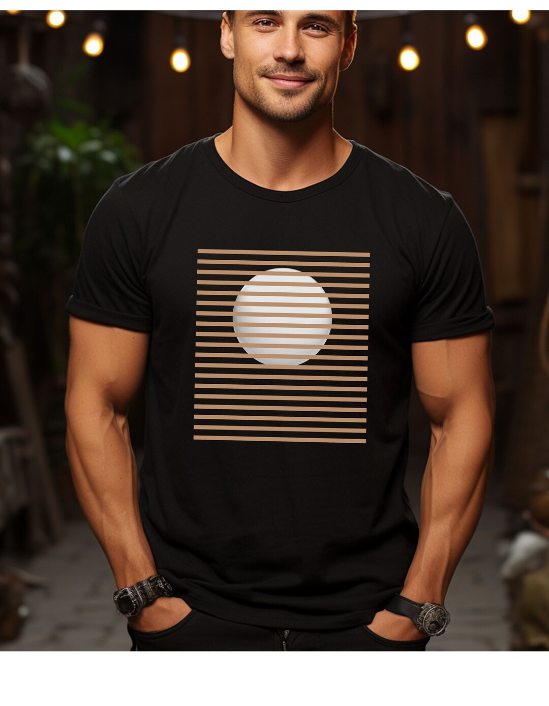 Graphic Moonrise Tshirt Moon Behind Window Striped Geometric Pattern ...