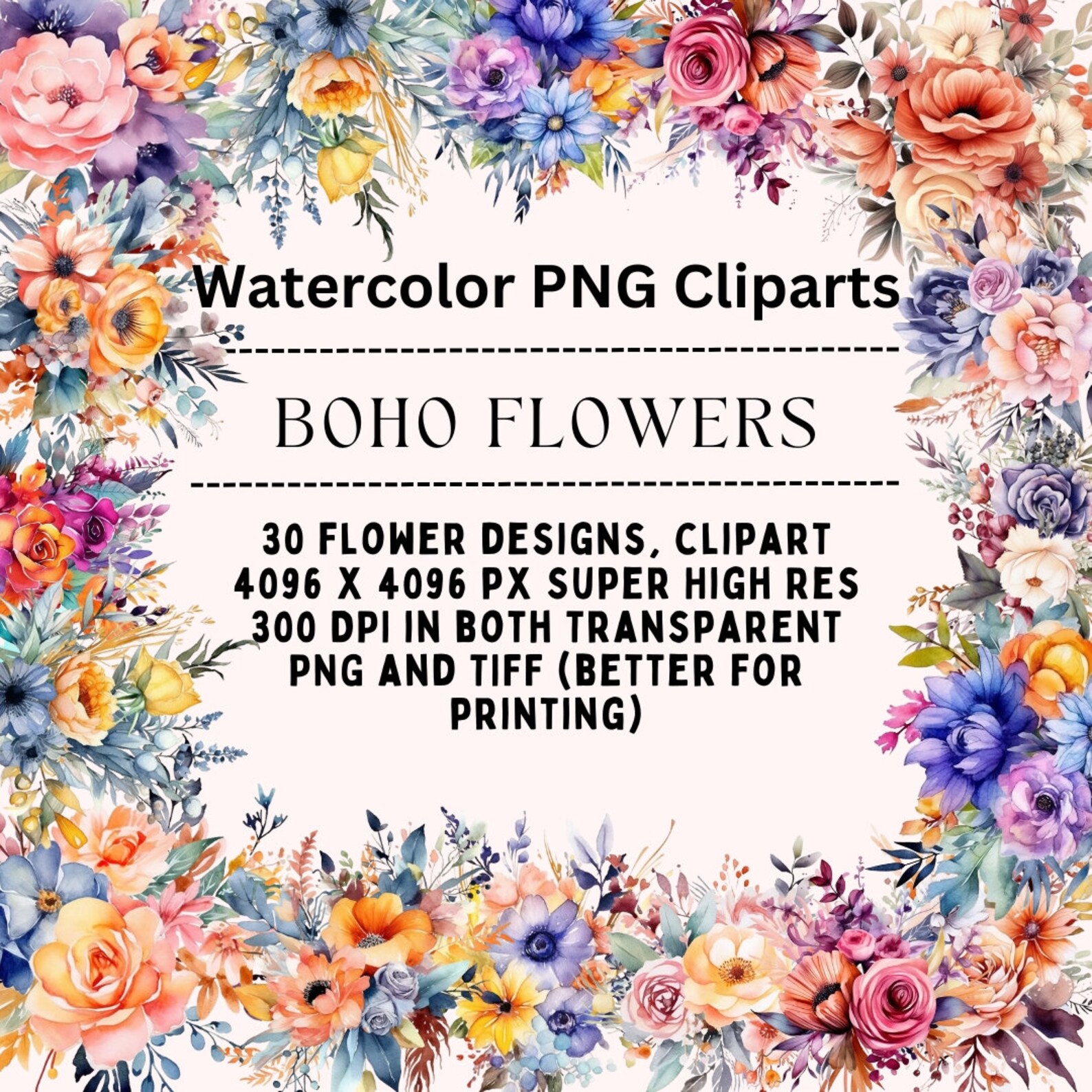 Watercolor Floral Clipart Bouquets, Boho Flowers PNG TIFF, Commercial ...
