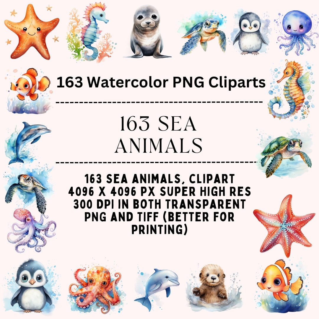 Cute Sea Animals Watercolor Clipart: Ideal for Baby Decor. Features ...