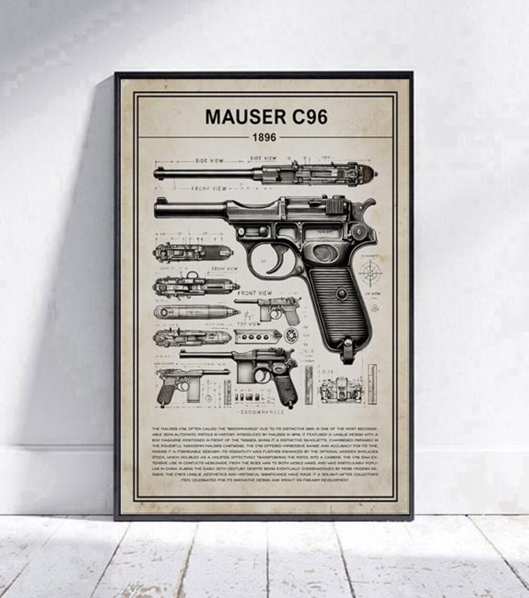 Vintage Mauser C96, Blueprint Poster Style A1 Size, Retro Style, Wall ...