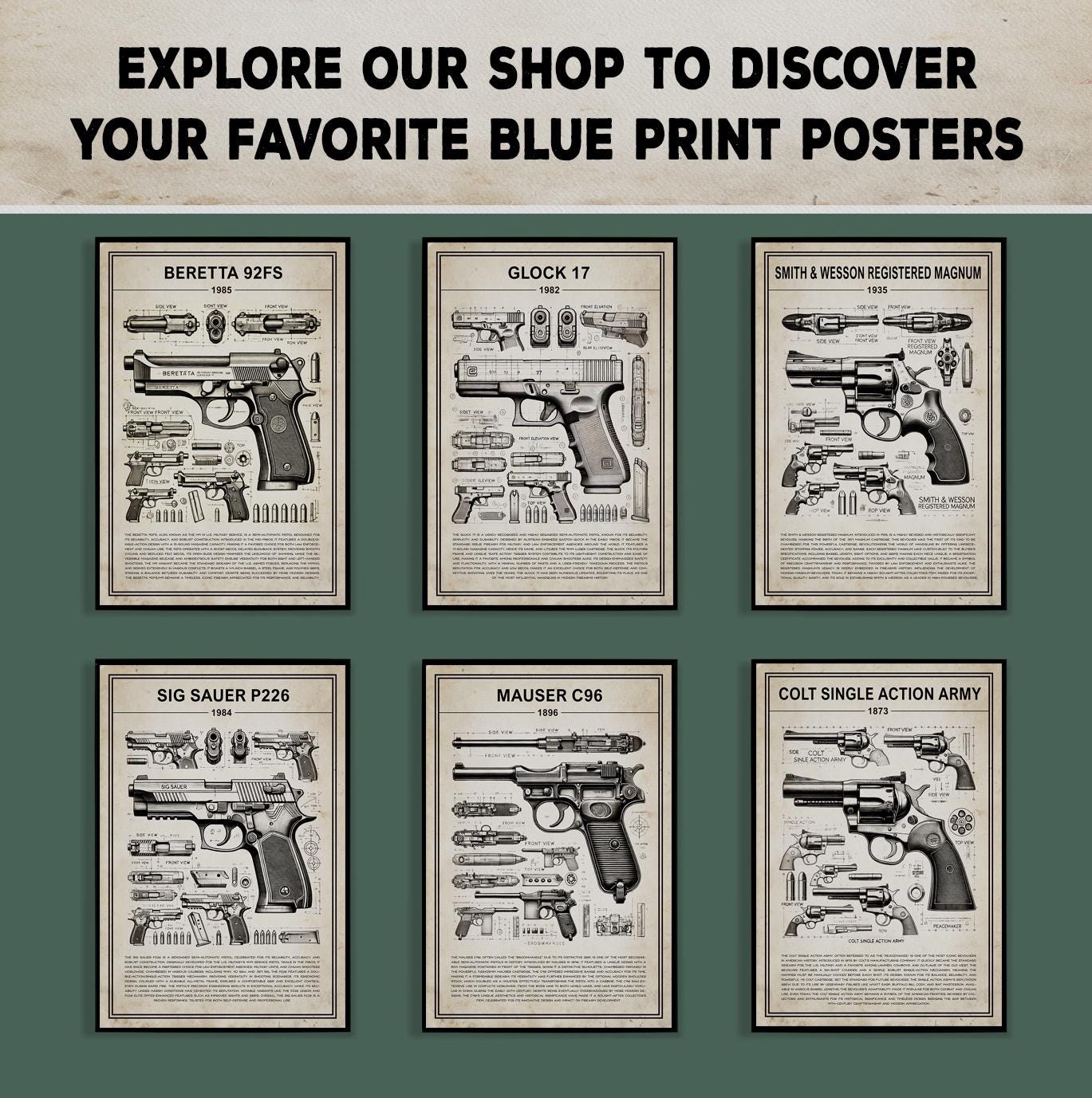 Vintage Sauer P226, Blueprint Poster Style A1 Size, Retro Style, Wall ...