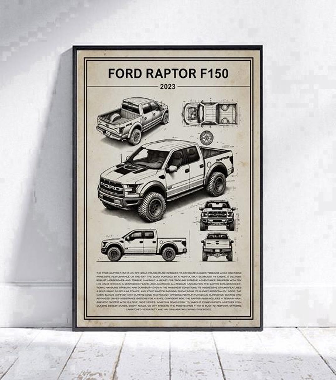 Ford F-150 Raptor Truck 2023, Blueprint Poster Style A1 Size, Vintage ...