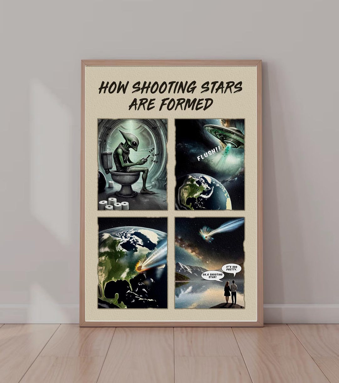 Alien Funy Poster Meme, How the Shooting Stars Are Formed, Comic Style ...