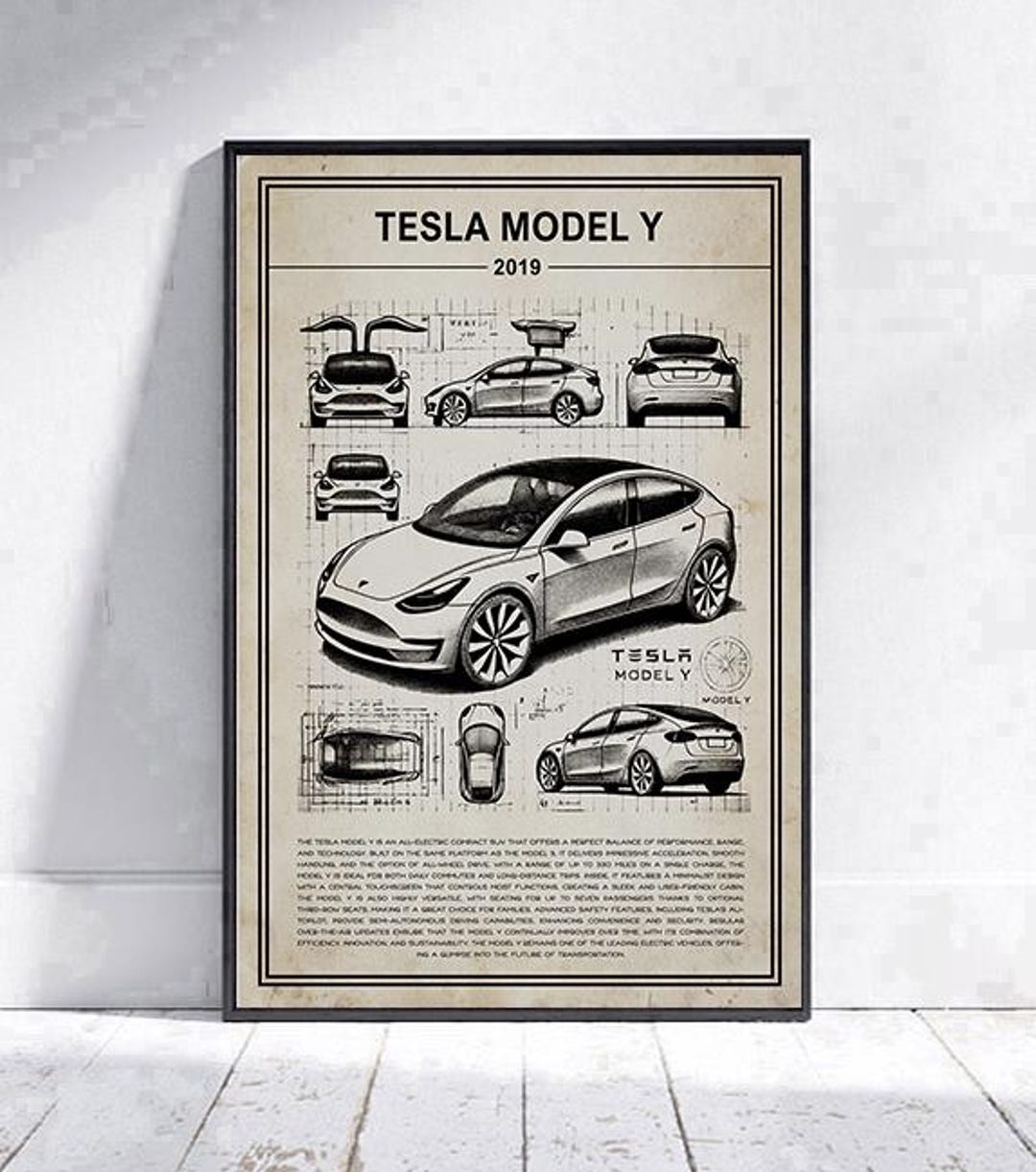 Vintage Tesla Model Y, Blueprint Poster Style A1 Size, Retro Style ...