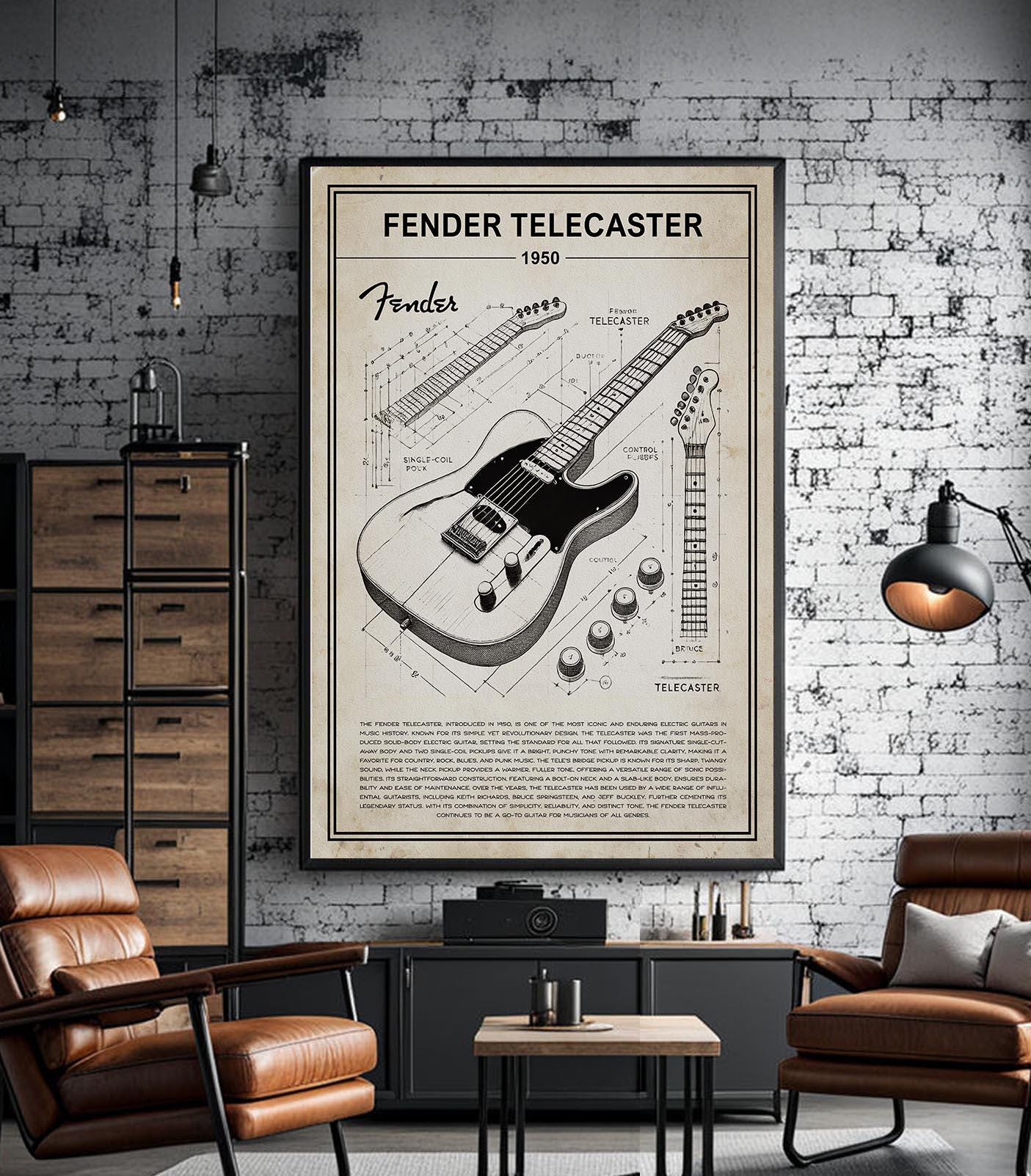 Vintage Fender Telecaster Guitar, Blueprint Poster Style A1 Size, Retro ...