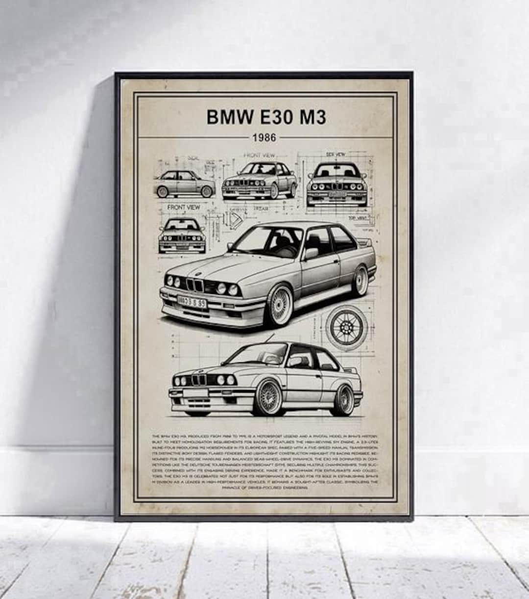 Vintage BMW E30 M3 Coupe 1986, Blueprint Poster Style A1 Size, Retro ...