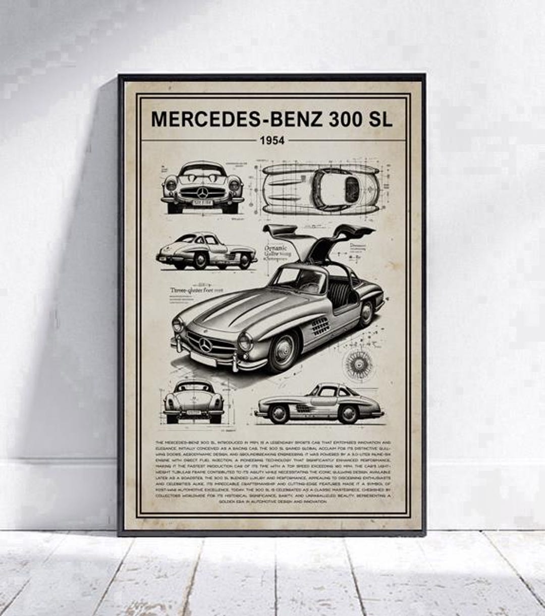 Vintage the Mercedes Benz 300 SL, Blueprint Poster Style A1 Size, Retro ...