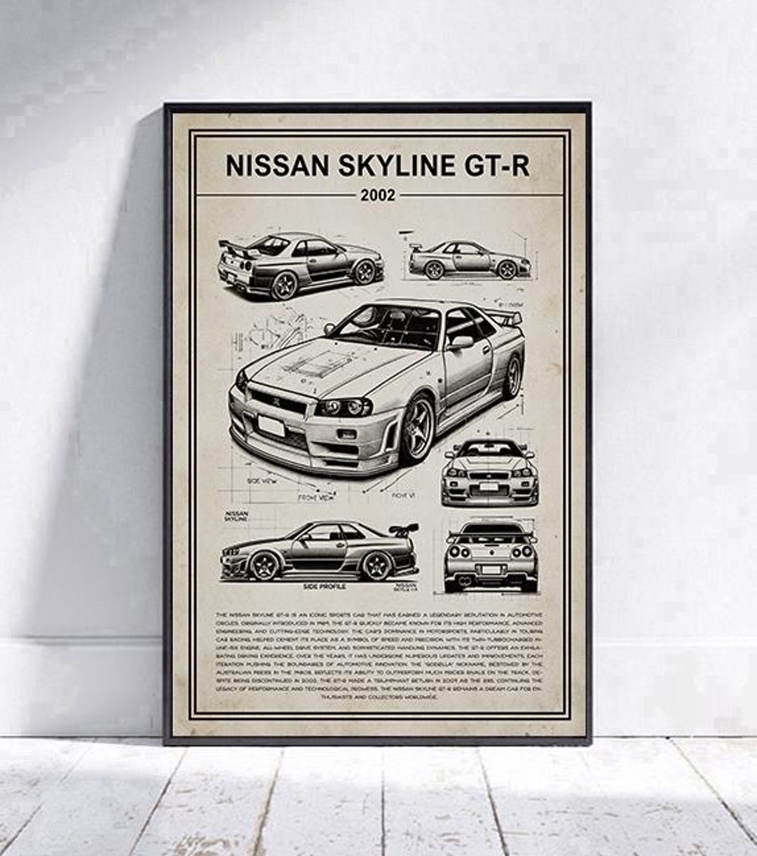Vintage Nissan Skyline GTR R34, Blueprint Poster Style A1 Size, Retro ...