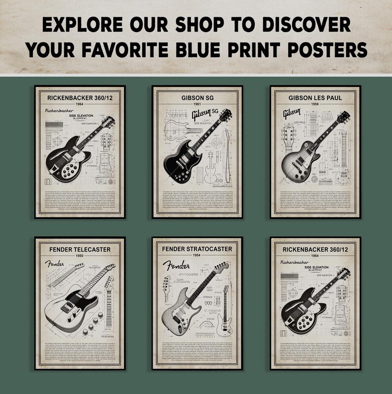 Vintage Fender Telecaster Guitar, Blueprint Poster Style A1 Size, Retro ...