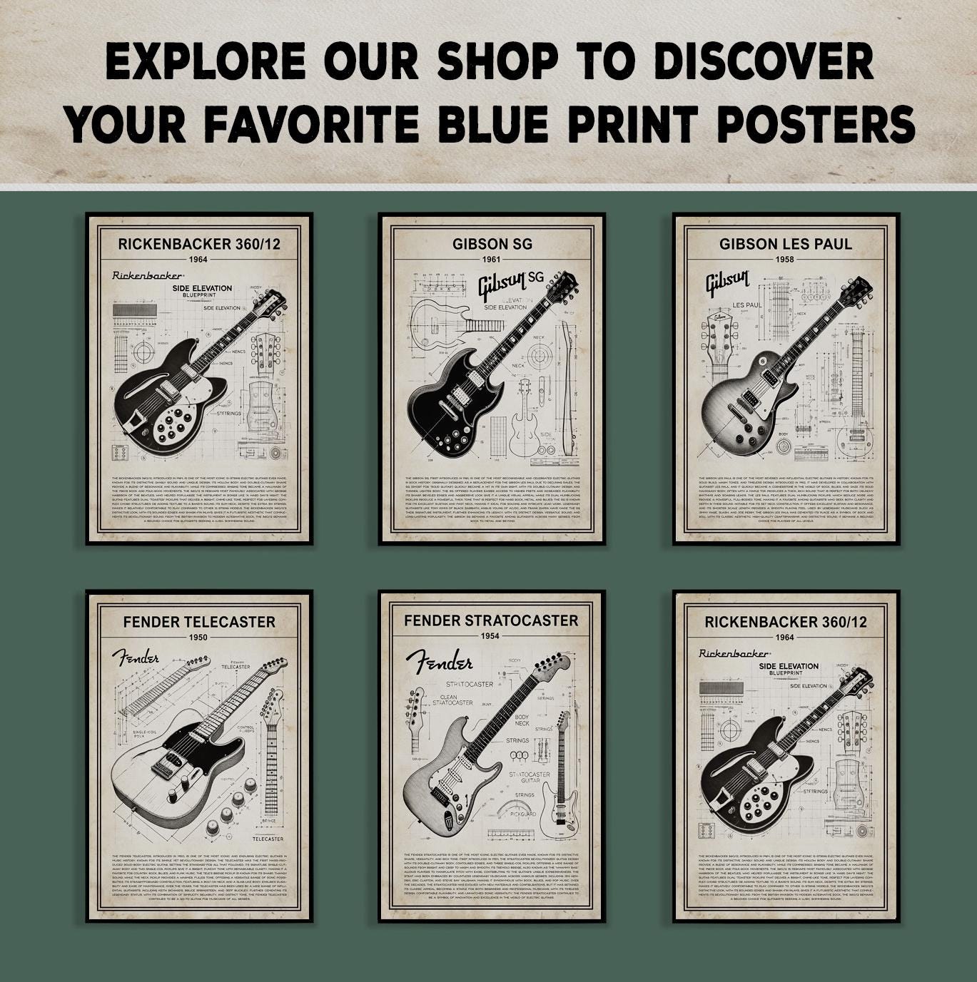 Vintage Fender Telecaster Guitar, Blueprint Poster Style A1 Size, Retro ...