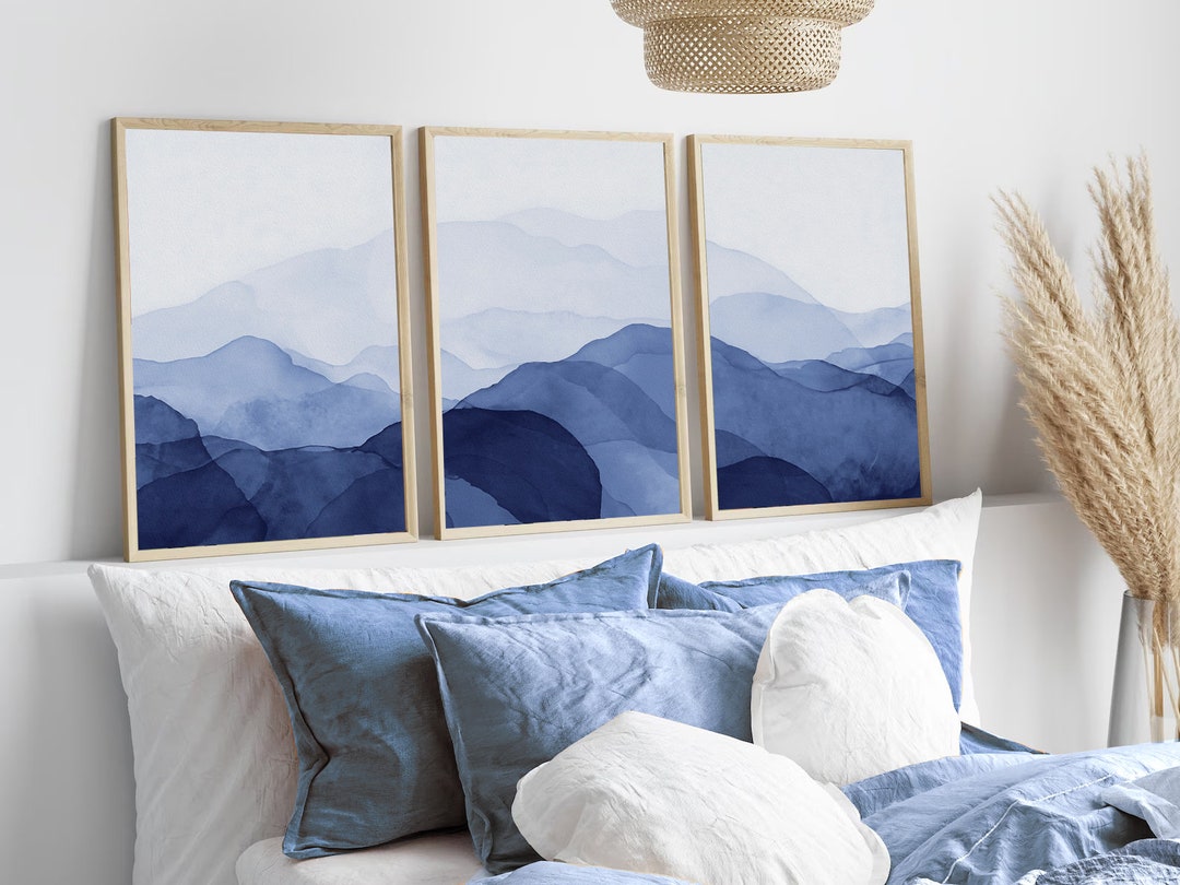 Abstract Watercolor Art in Blue, Mountain Print, Set of 3 Prints ...