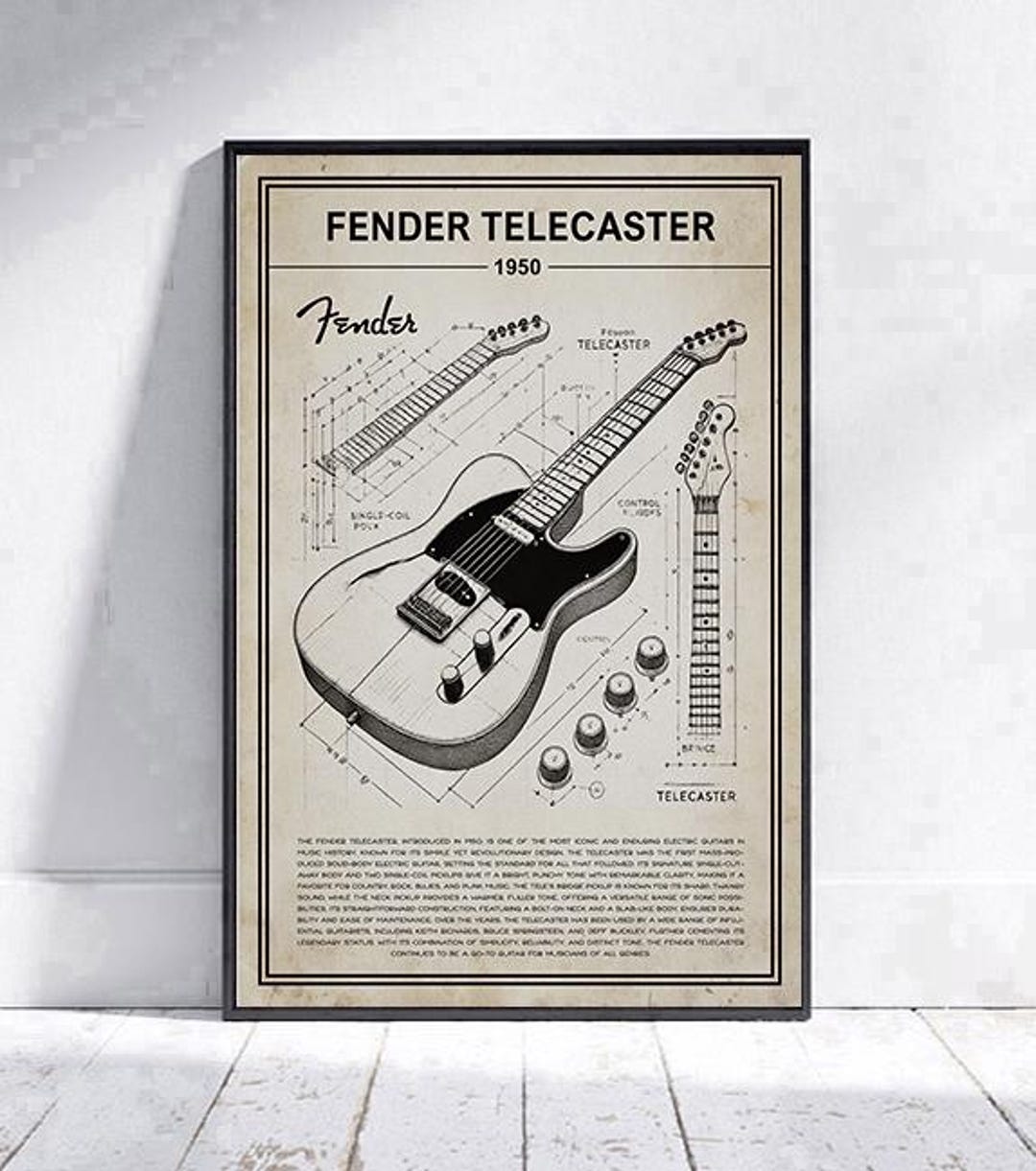 Vintage Fender Telecaster Guitar, Blueprint Poster Style A1 Size, Retro ...