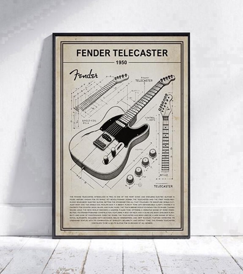 Vintage Fender Telecaster Guitar, Blueprint Poster Style A1 Size, Retro ...