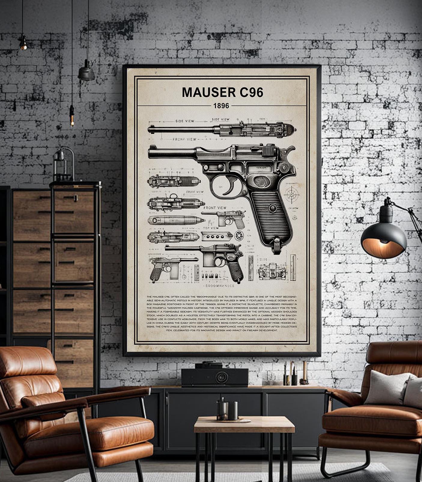 Vintage Mauser C96, Blueprint Poster Style A1 Size, Retro Style, Wall ...