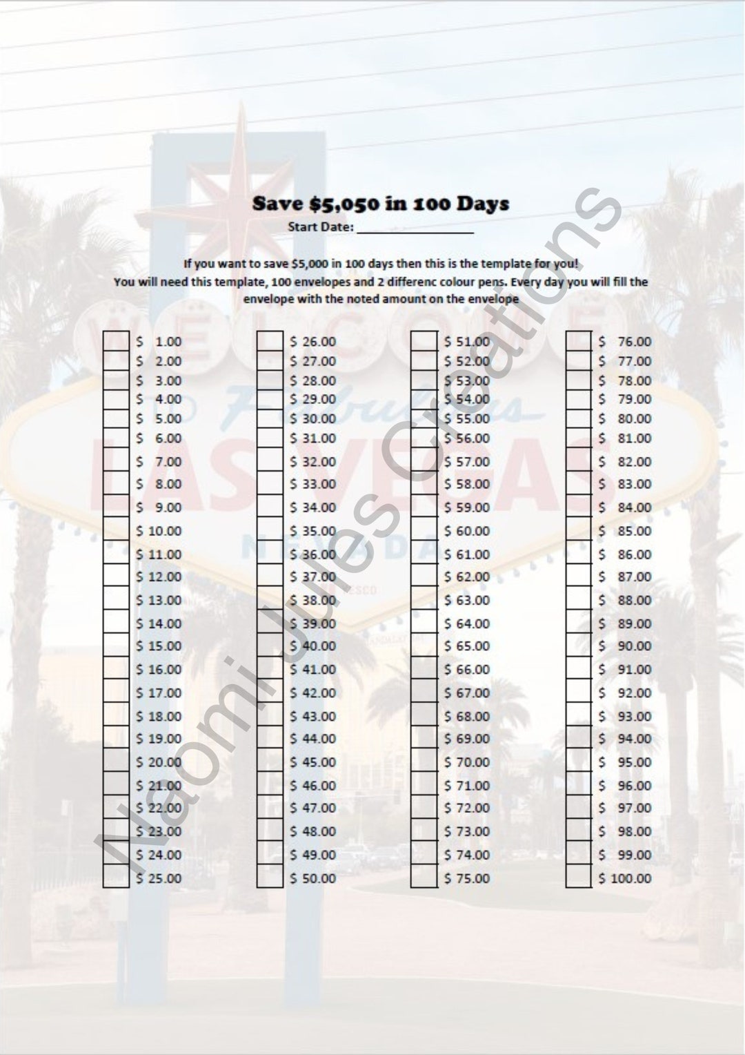 Money Challenge Template - Vegas Sign Background - Etsy