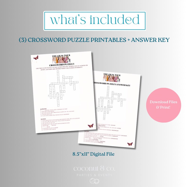 Editable Crossword Puzzle Era’s Tour Party, Printable Party Games ...