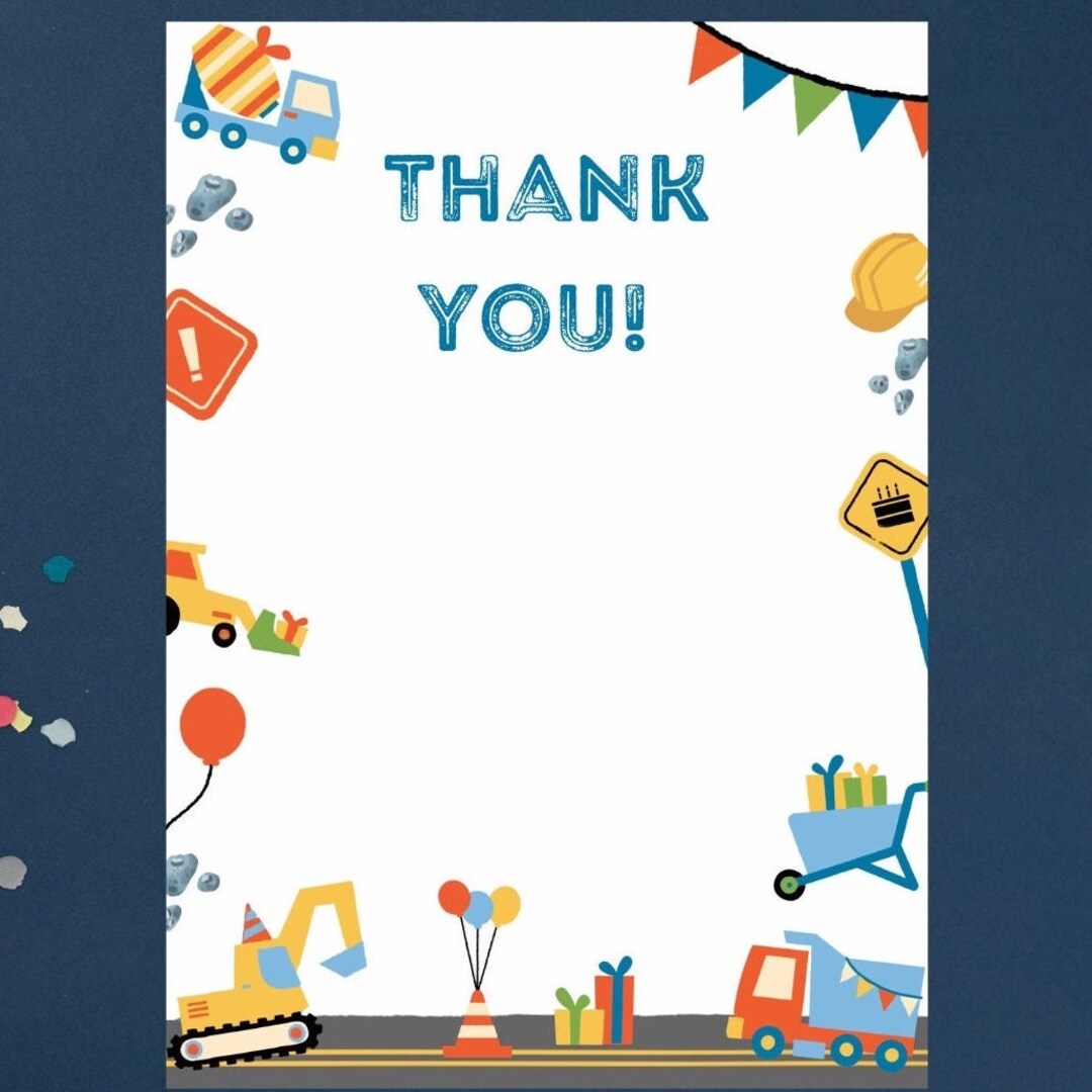 Construction Birthday Party, Thank You Card, Construction Theme, Truck ...