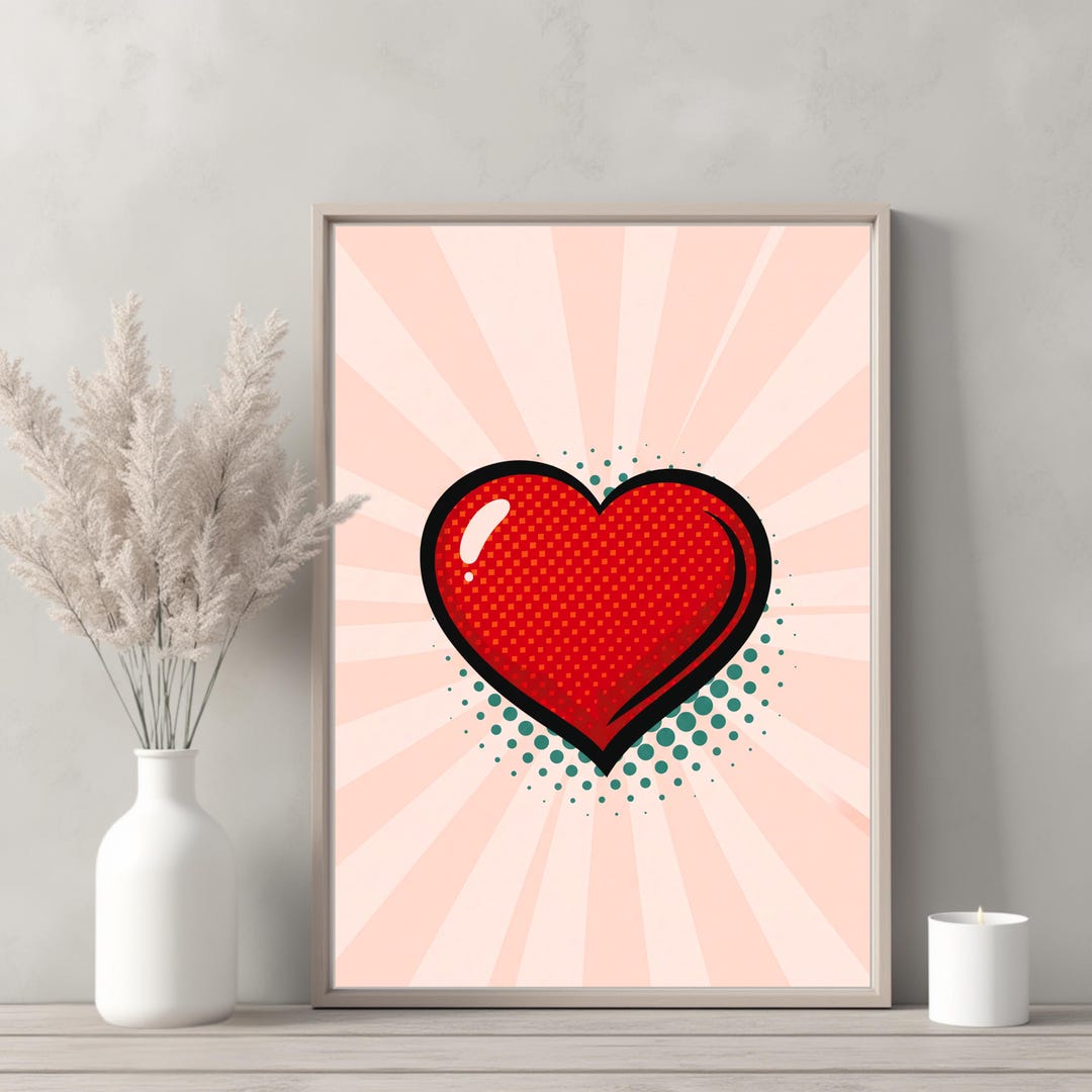 Valentines Day Pop Art Heart Print | Comic Halftone Red Heart Decor ...
