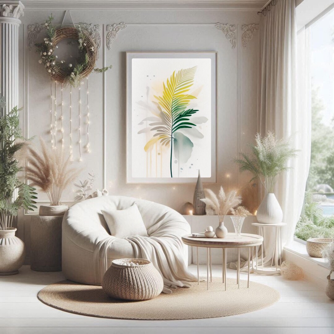 Minimalist Tropical Palm Leaf Print, Watercolor Wall Art, Digital ...