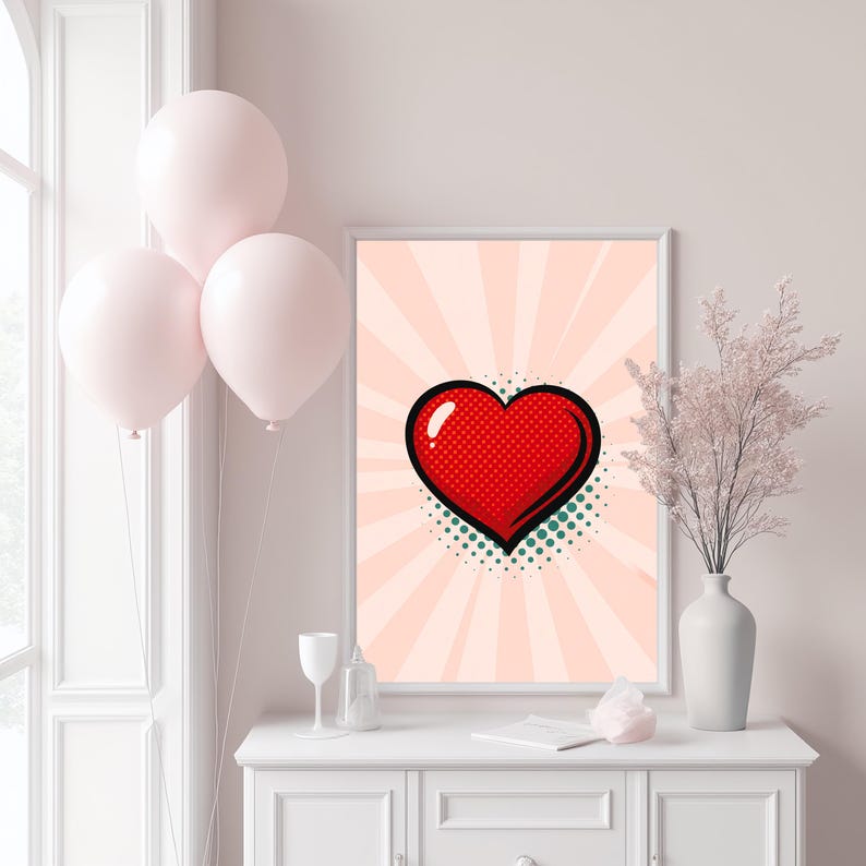 Valentines Day Pop Art Heart Print | Comic Halftone Red Heart Decor ...