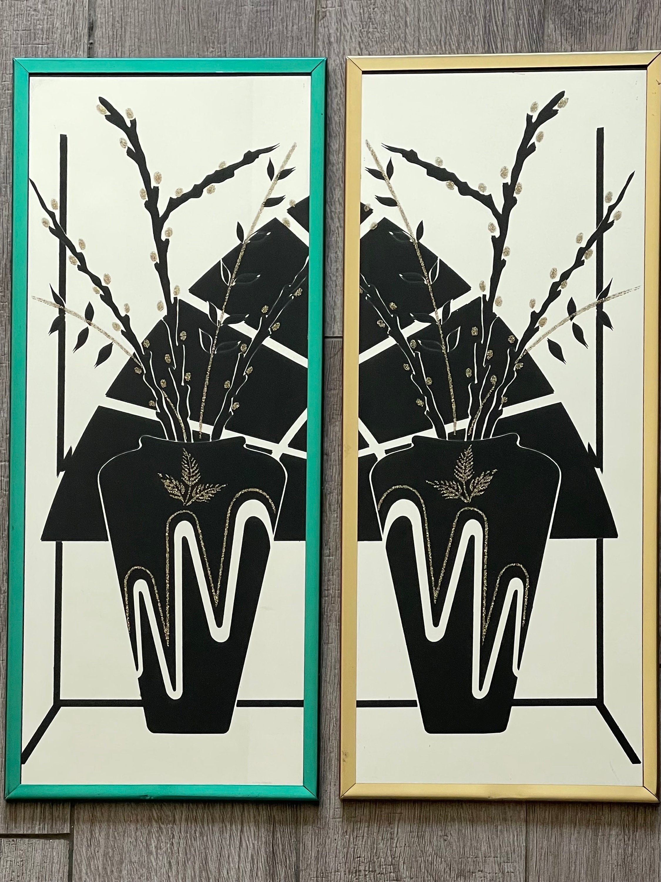 80s Black and Gold Wall Mirrors NOS Flower Pot Flowers Art Deco - Etsy