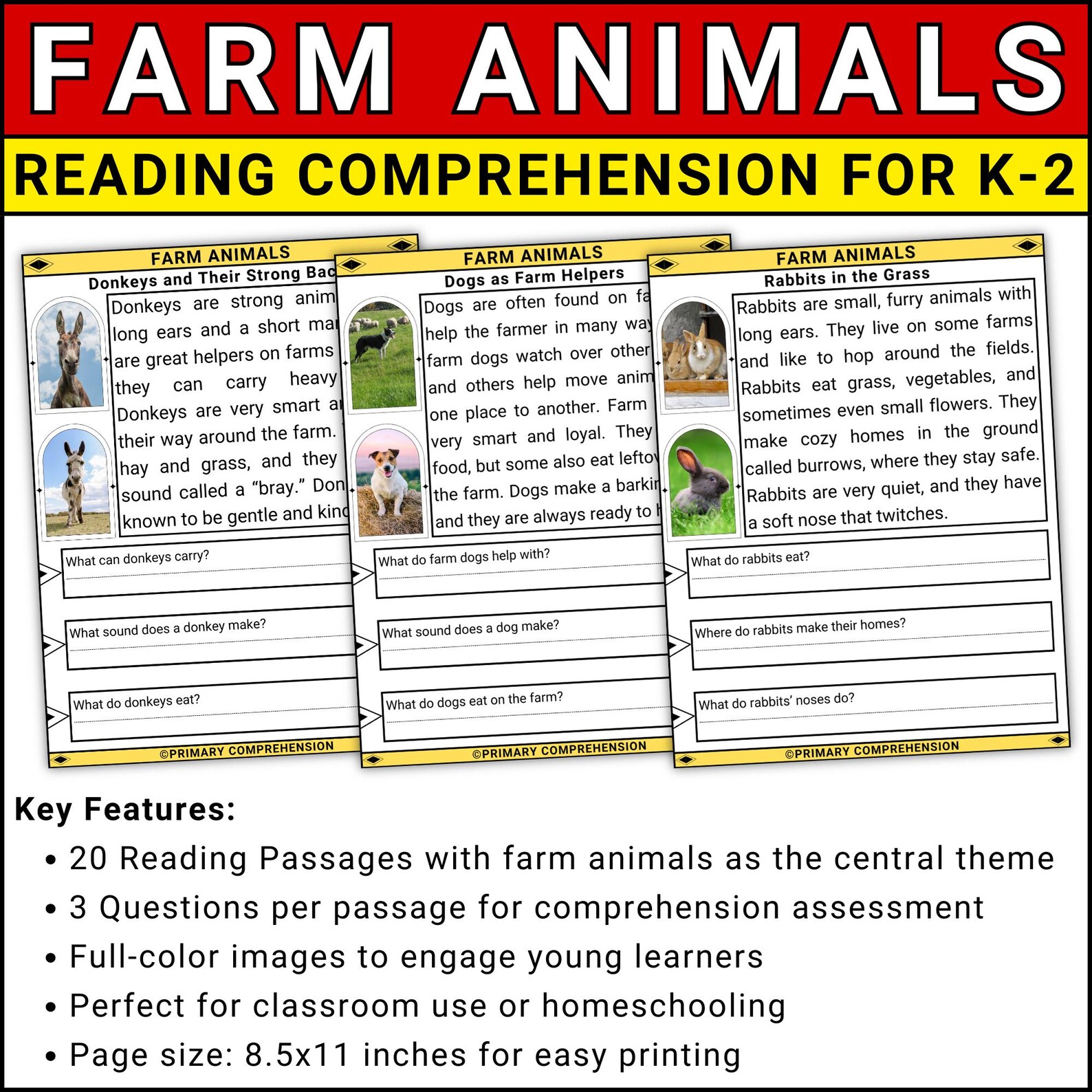 Farm Animals Reading Comprehension Passages & Questions | Kindergarten ...
