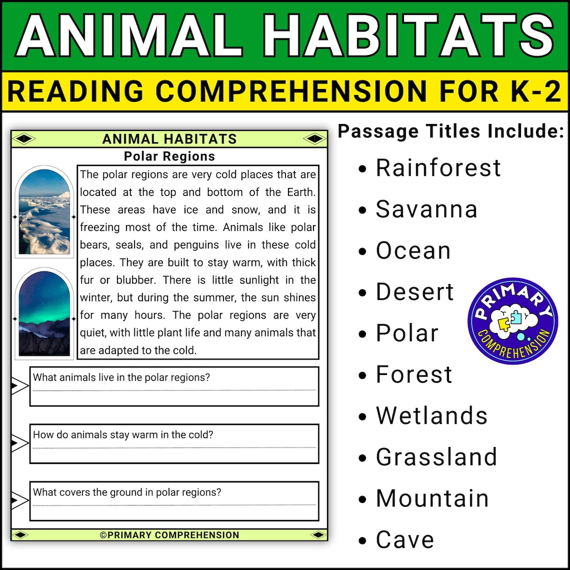 Animal Habitats Reading Comprehension Passages and Questions for ...