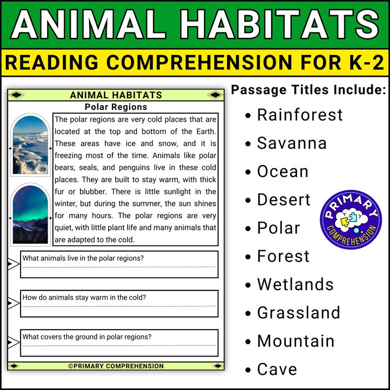 Animal Habitats Reading Comprehension Passages and Questions for ...