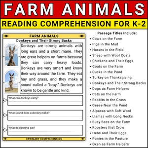 Farm Animals Reading Comprehension Passages & Questions | Kindergarten ...