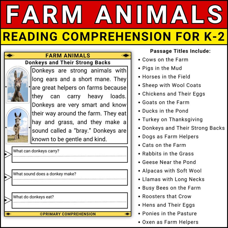 Farm Animals Reading Comprehension Passages & Questions | Kindergarten ...