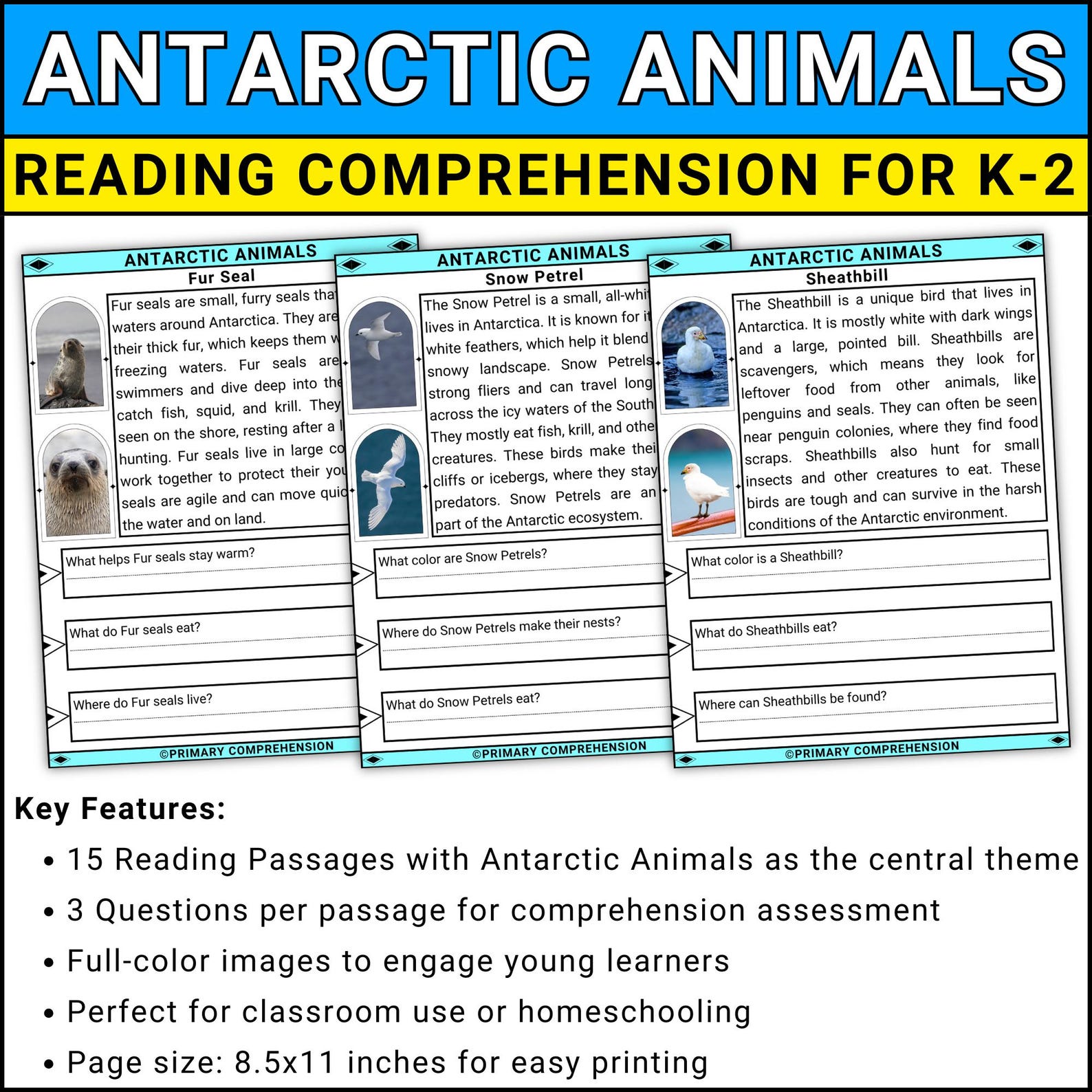 Antarctic Animals Reading Comprehension Passages and Questions for ...