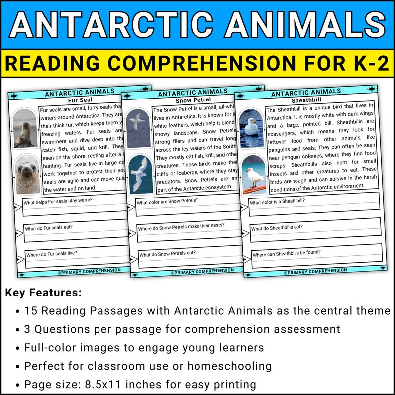 Antarctic Animals Reading Comprehension Passages and Questions for ...