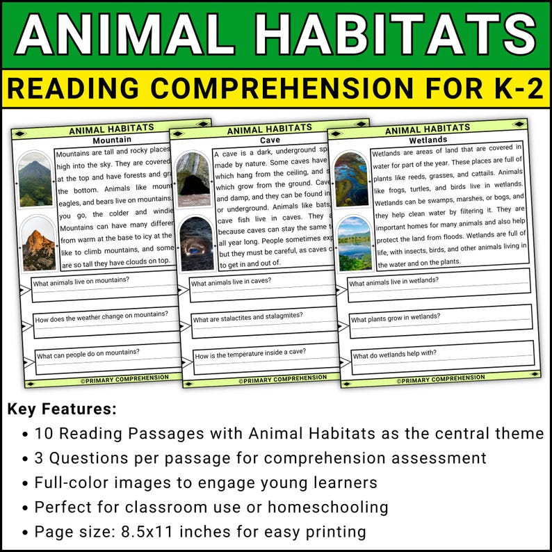 Animal Habitats Reading Comprehension Passages and Questions for ...