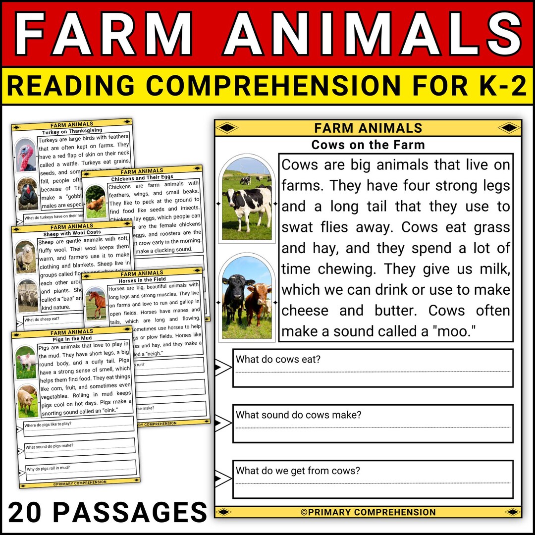 Farm Animals Reading Comprehension Passages & Questions | Kindergarten ...