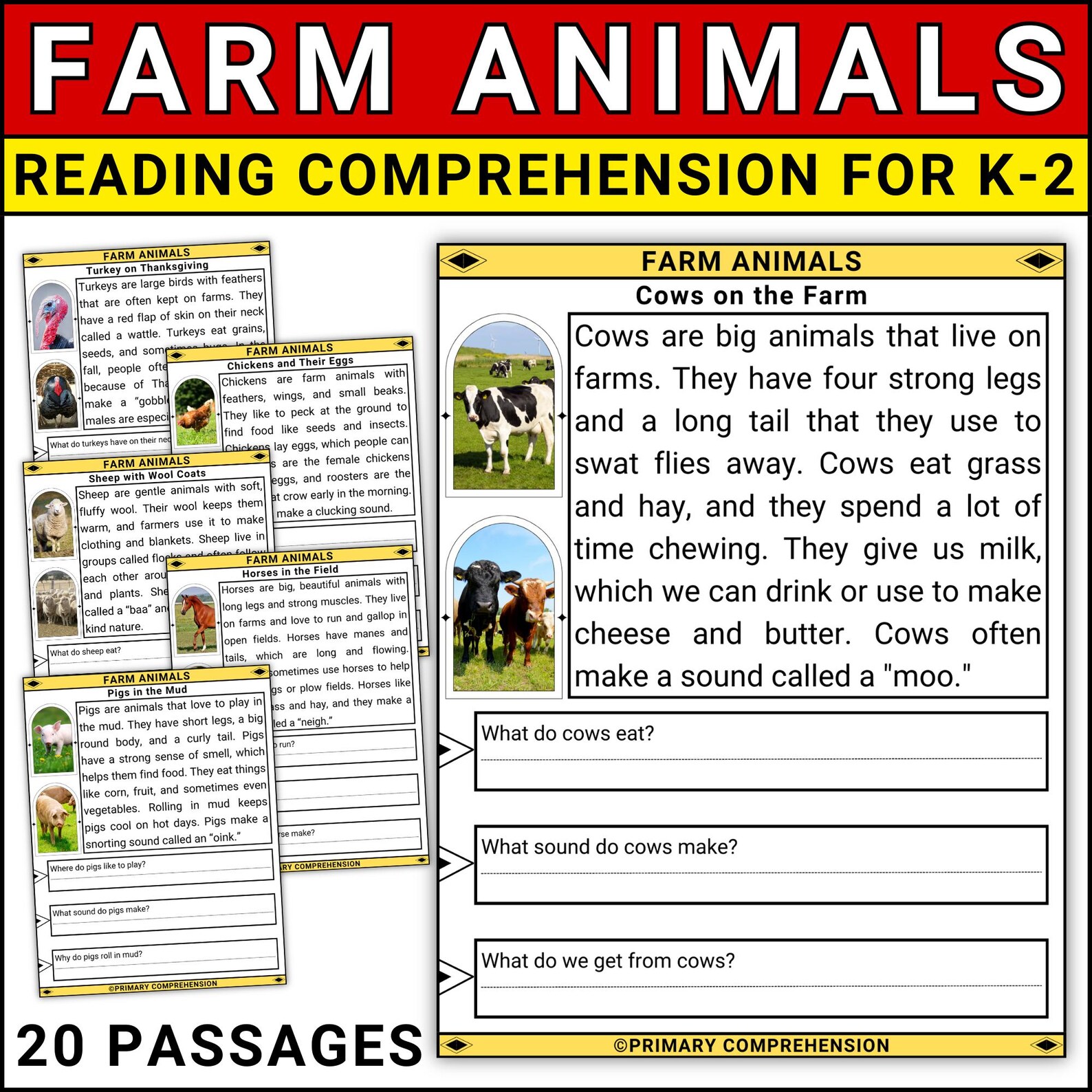 Farm Animals Reading Comprehension Passages & Questions | Kindergarten ...