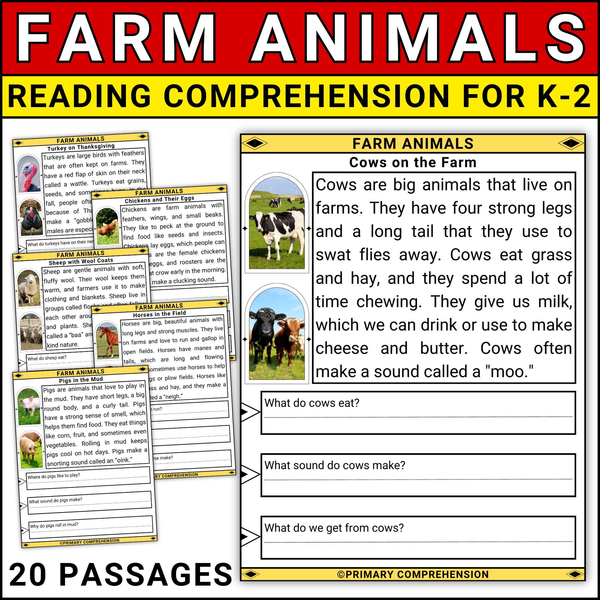 Farm Animals Reading Comprehension Passages & Questions | Kindergarten ...