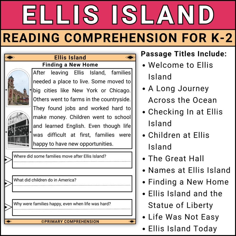 Ellis Island Reading Comprehension Passages and Questions for K-2 ...