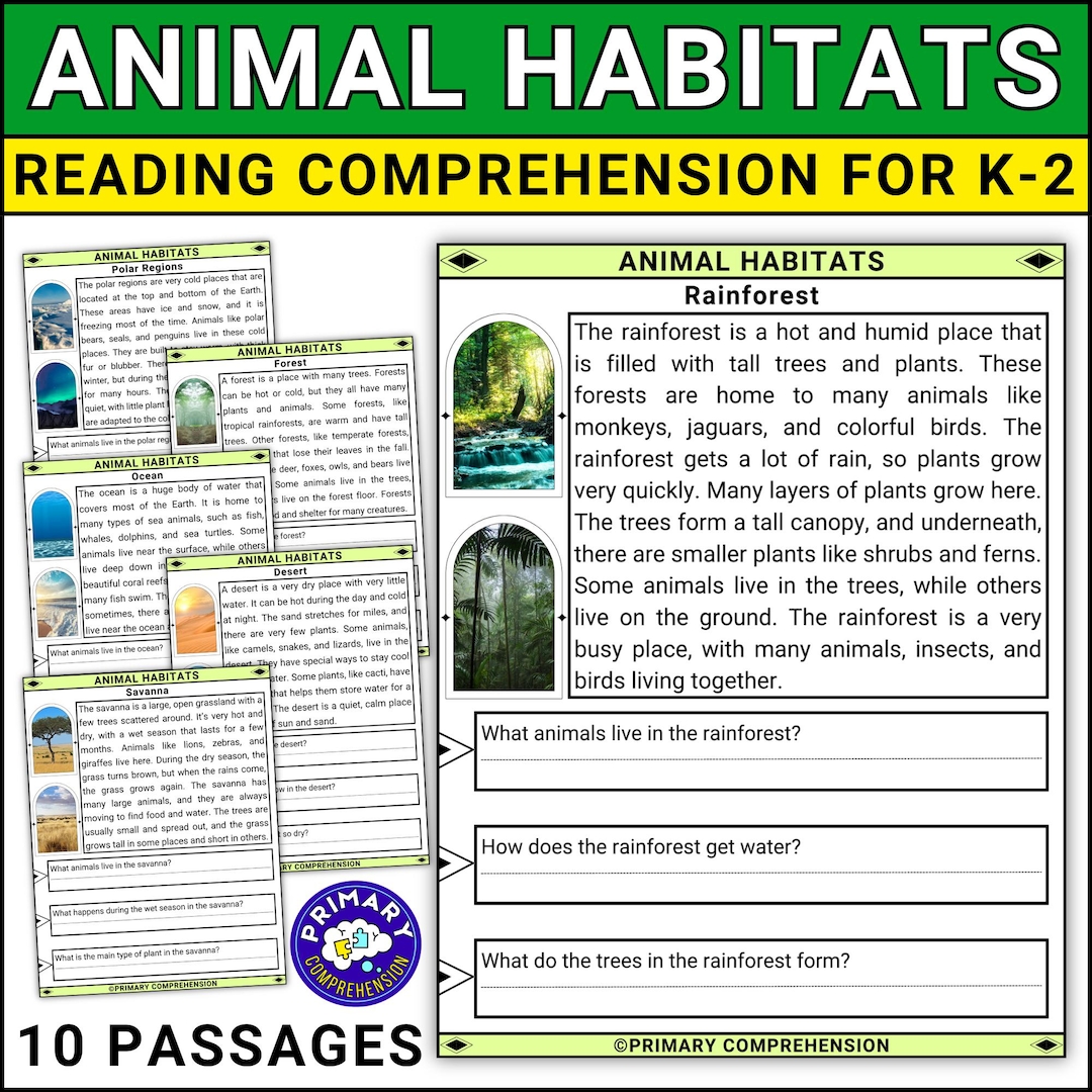 Animal Habitats Reading Comprehension Passages and Questions for ...