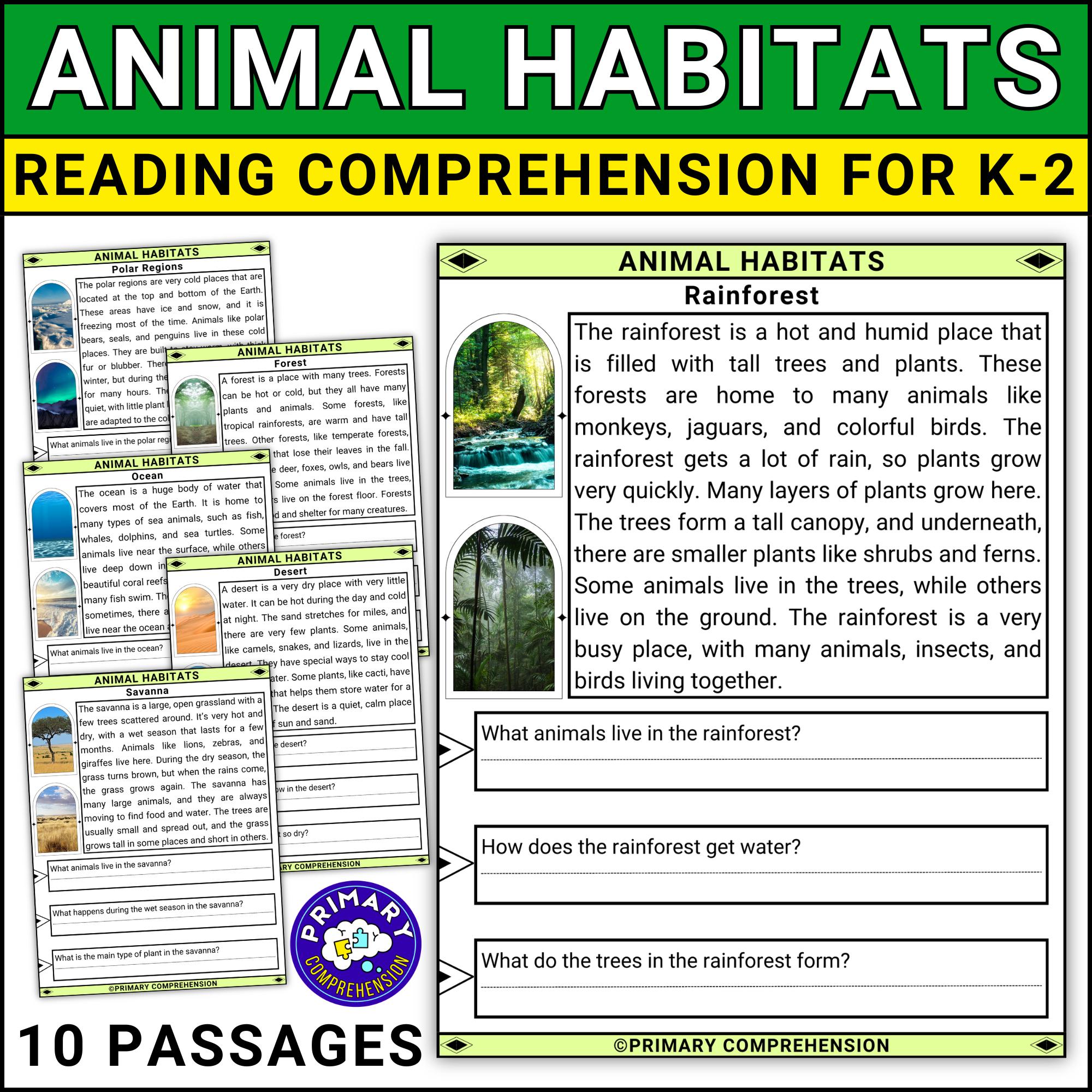 Animal Habitats Reading Comprehension Passages and Questions for ...