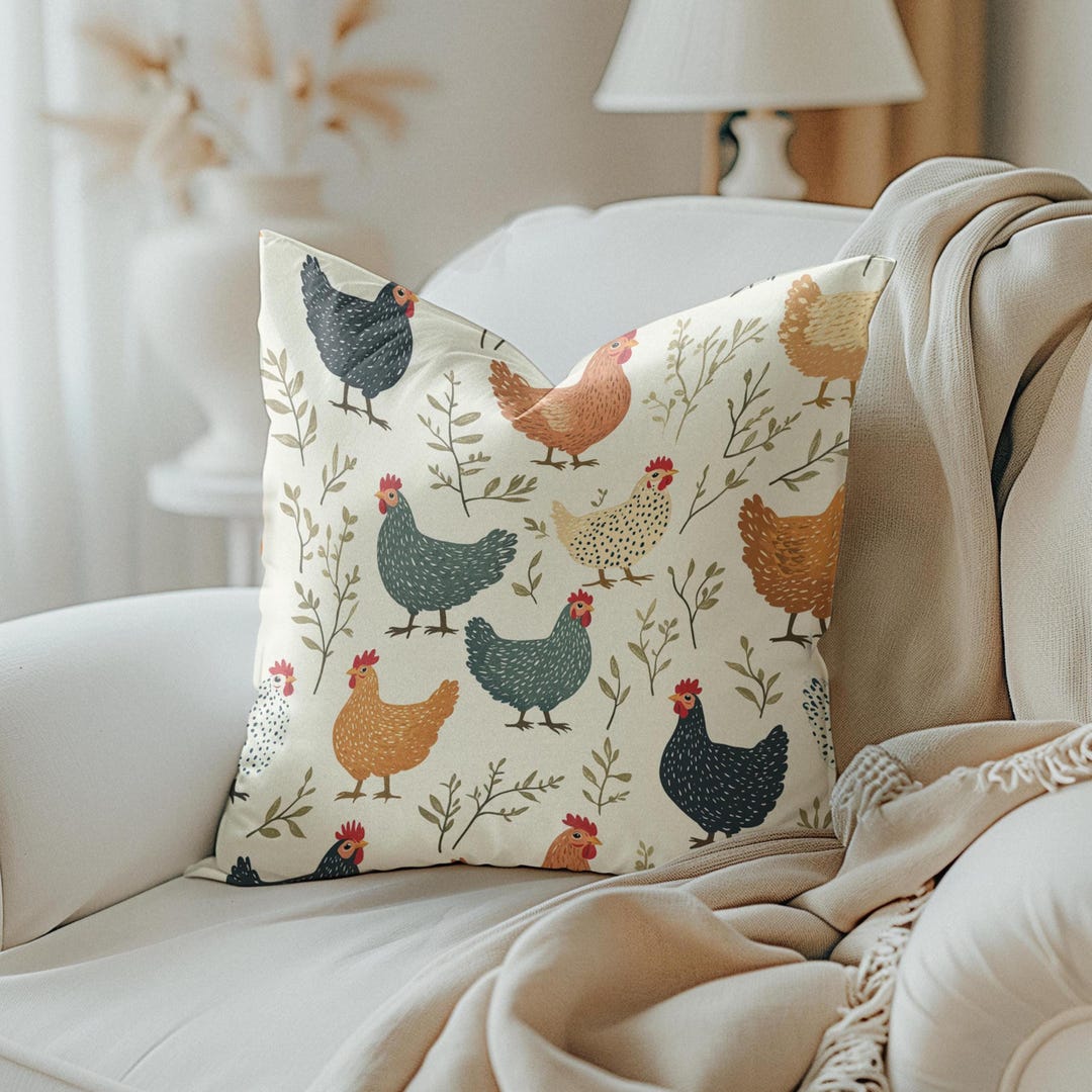 Chicken Pillow Cover, Whimsical Chickens Pillowcase, Farmhouse Decor ...