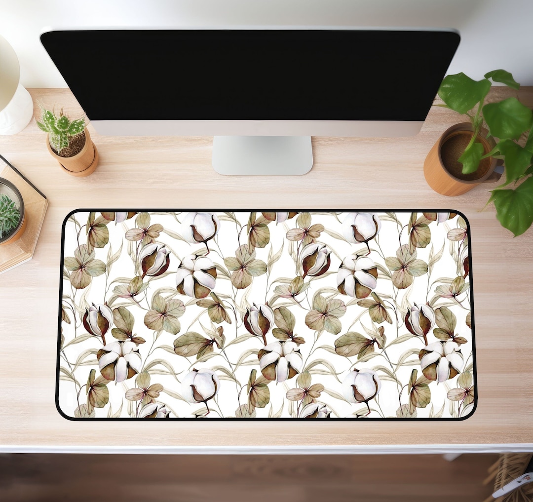 Cotton Bloom Desk Mat, Botanical Desk Mat, Gaming Mouse Pad, Desk Mat ...
